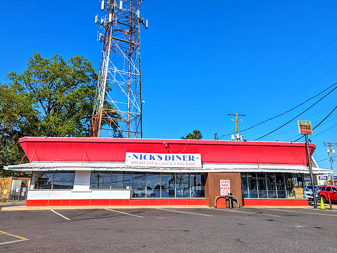 That classic red diner exterior promises the kind of comfort food that makes everything right with the world.