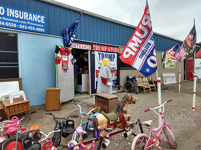 Flags flutter like carnival banners while treasure hunters discover amazing deals hiding in plain sight.