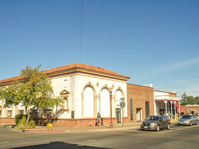 Brick and arches! Oroville's historic corner building stands like a dignified elder watching over the changing seasons.