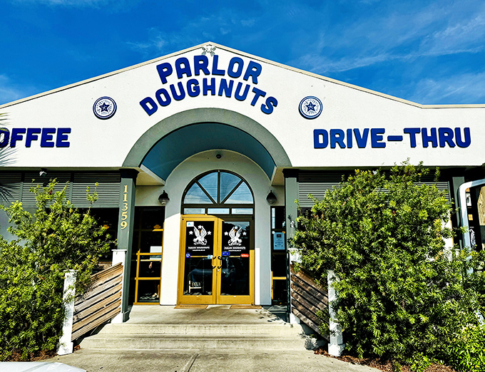 The white palace of pastry! Parlor Doughnuts' inviting entrance promises sweet treasures within, like a donut Taj Mahal.