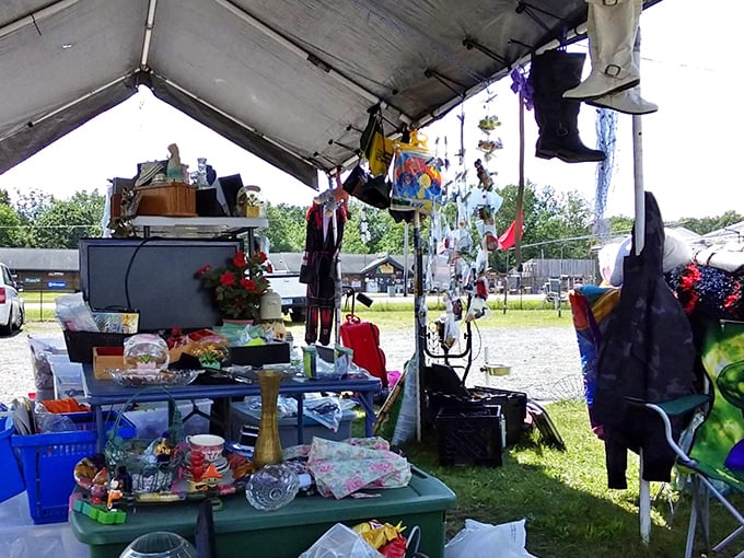 Treasure hunter's paradise! A colorful tent bursting with vintage knickknacks, glassware, and those mysterious items your grandkids will someday inherit.