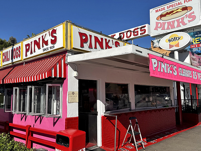 That bright pink exterior isn't subtle, but neither is the legendary flavor waiting inside this Hollywood institution.