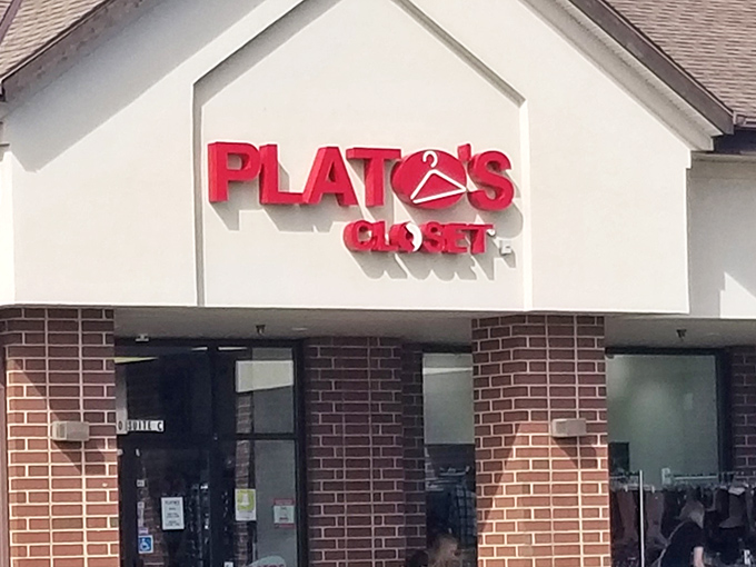 That red brick facade promises treasures inside - like a fashion-forward garage sale that actually organized itself properly.