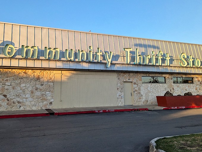 The iconic green lettering of Community Thrift Store beckons like a lighthouse for bargain hunters in San Antonio.