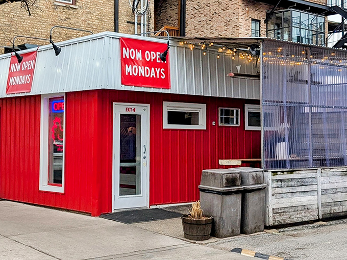 That bright red shipping container isn't delivering packages &ndash; it's serving up Nashville-style chicken dreams in Lincoln Park.