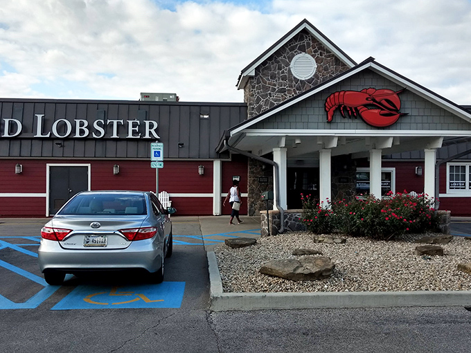 That iconic red lobster perched above the entrance promises oceanic adventures in landlocked Indianapolis territory.