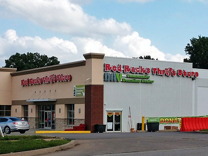 Red Racks DAV Thrift Store stands proud like a beacon for bargain hunters seeking treasure.