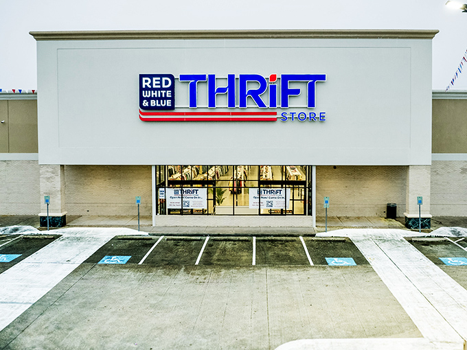 The patriotic facade of Red White & Blue Thrift Store promises treasure hunting with a side of American pride!