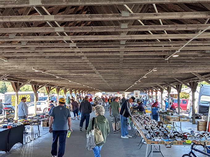 Under this weathered pavilion, treasure hunters gather like pilgrims seeking the holy grail of bargains.
