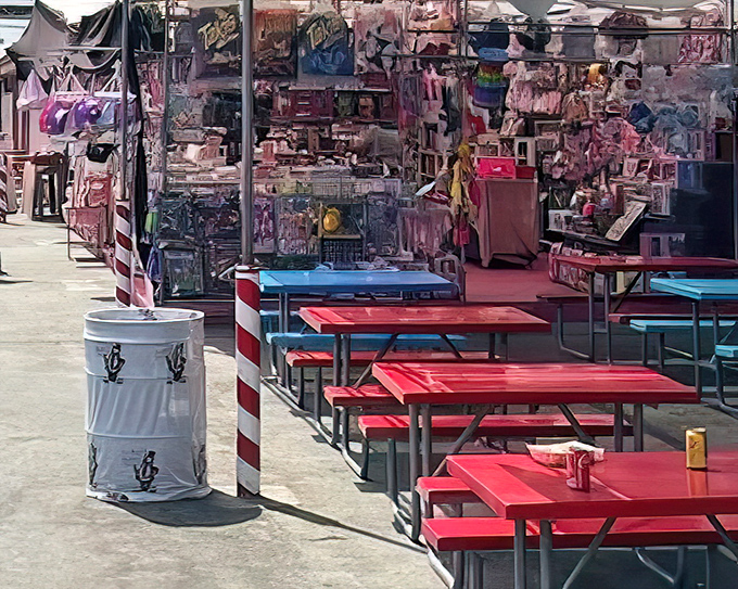Taco break! Red picnic tables beckon shoppers to rest their treasure-hunting feet while the aroma of spicy Takis fills the San Jose air.