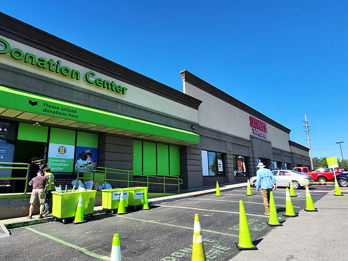 That bright green donation center beckons like a beacon of bargain hope in the thrift store wilderness.