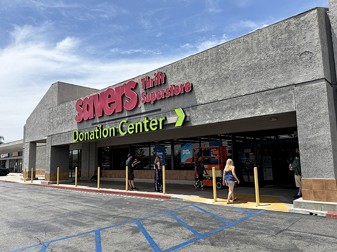 The red Savers sign beckons like a lighthouse to thrift enthusiasts. This Fountain Valley superstore promises treasures beyond your wildest bargain dreams.