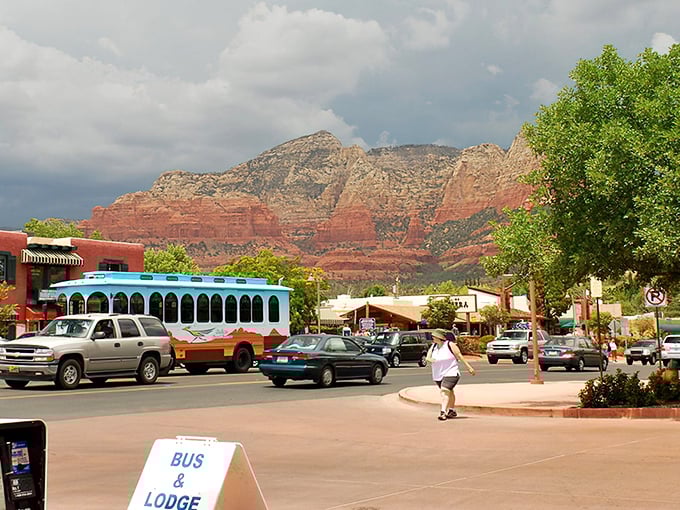 Red rock formations tower behind Sedona's charming downtown, creating nature's most spectacular backdrop for morning coffee.