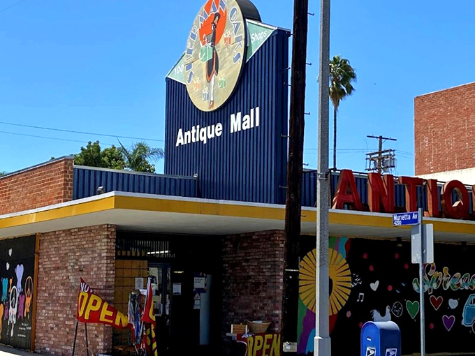 That colorful clock and cheerful murals promise treasures inside - like a carnival for grown-ups!