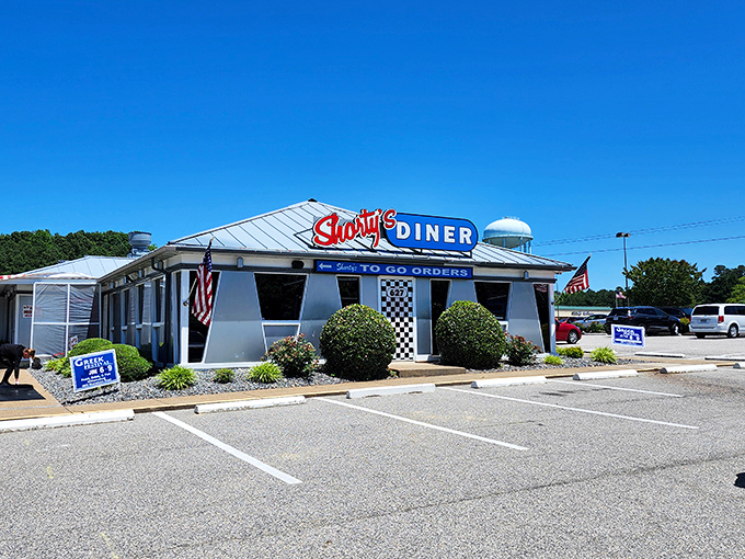 Shorty's Diner gleams in the sunshine like a silver bullet of breakfast dreams. Classic Americana at its finest!