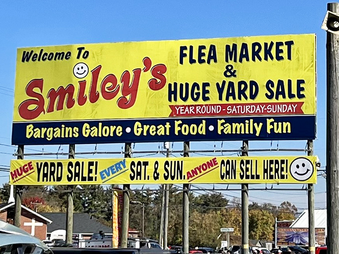 That cheerful yellow sign promises "Bargains Galore" and delivers on every single word with genuine enthusiasm.