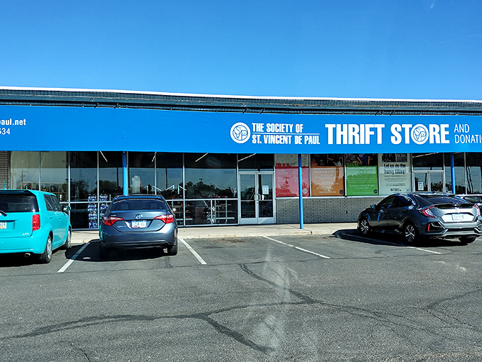 The Society of St. Vincent de Paul storefront promises treasure hunting adventures with plenty of parking for serious shoppers.