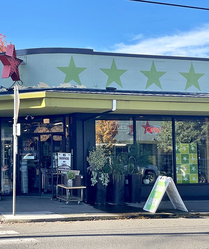 Those cheerful green stars practically wink at you from the storefront, promising treasures inside.