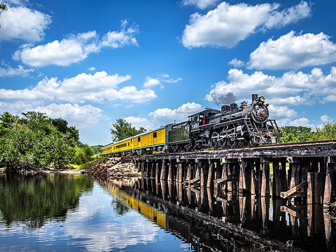 Like a scene from a classic Western, this magnificent steam locomotive crosses Florida waters with timeless grace.