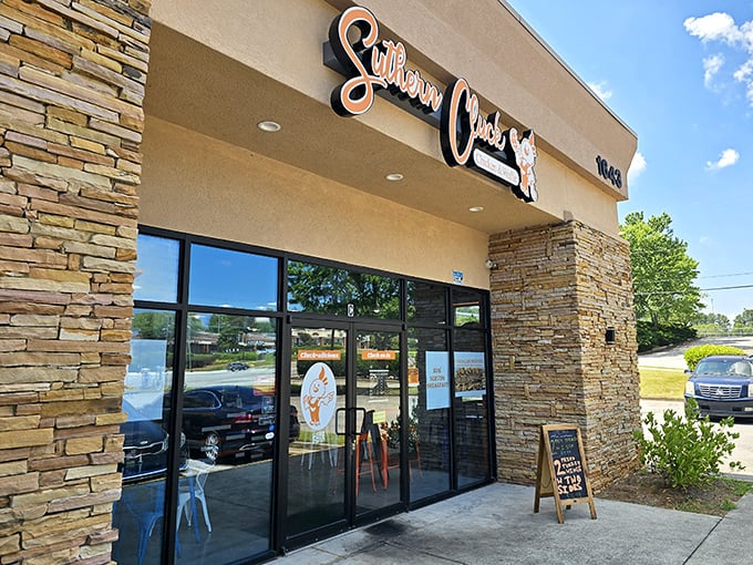 Stone facade meets Southern comfort - where modern design embraces old-school fried chicken traditions beautifully.