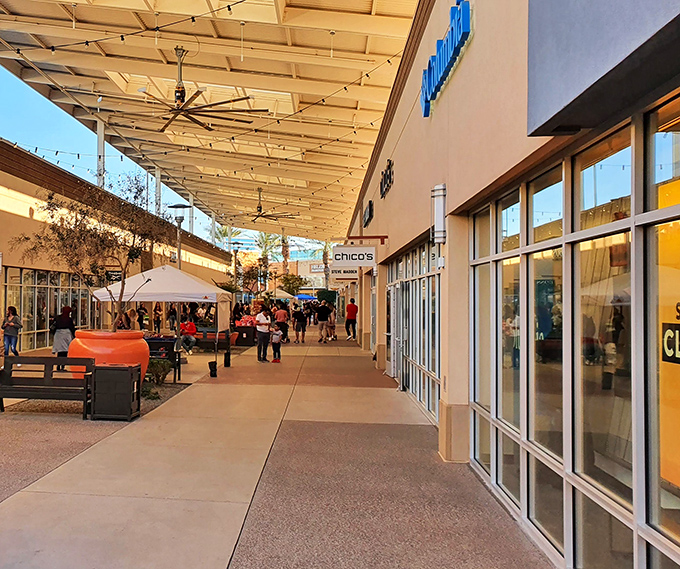 Covered walkways at Tanger Outlets Phoenix make bargain hunting possible even when Arizona's sun decides to show off its superpowers.