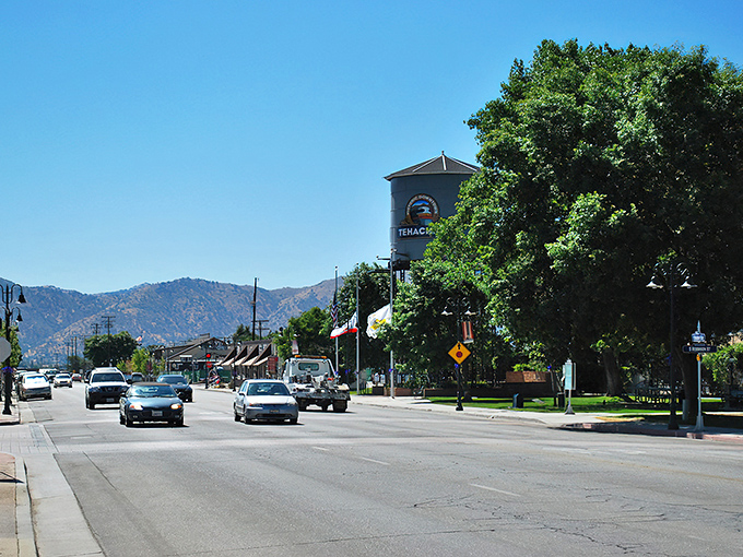 Main Street magic! Tehachapi's iconic water tower stands sentinel over sun-drenched streets where mountain breezes carry whispers of simpler times.