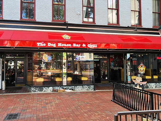 The Dog House's bright red awning beckons like a lighthouse for hungry souls wandering downtown Hagerstown.