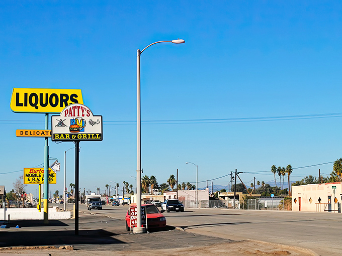 Patty's Bar & Grill stands as a testament to Blythe's unpretentious charm, where neon signs promise cold drinks and warm conversation under endless desert skies.