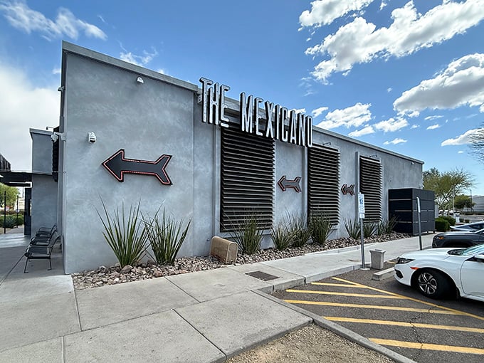 The Mexicano's sleek gray exterior hides a treasure trove of Mexican delights. Those arrow signs aren't lying&mdash;this is definitely the direction to deliciousness!