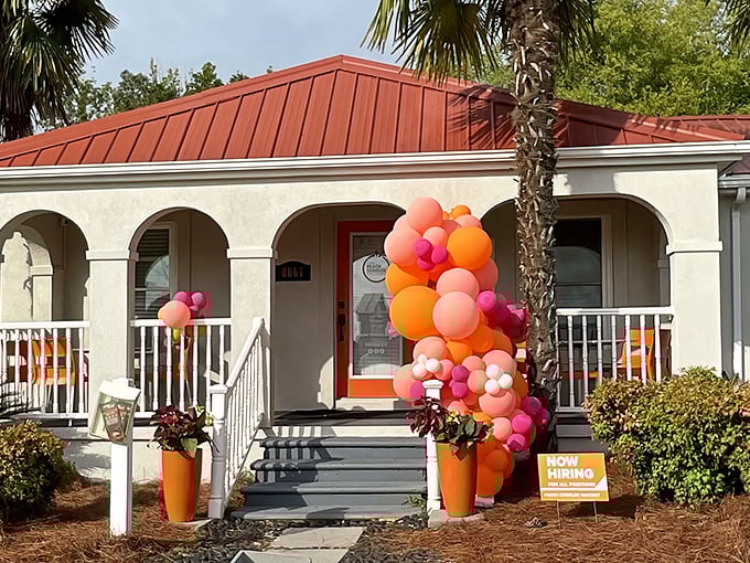 The Peach Cobbler Factory welcomes you with cheerful balloon decor and a porch that practically begs you to sit a spell.