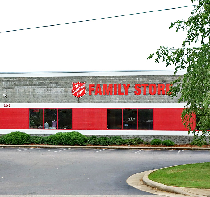 That classic red and white Salvation Army storefront promises treasures waiting inside like a beacon for bargain hunters.