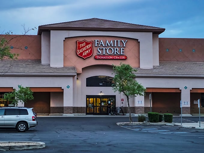 The Salvation Army's Phoenix outpost stands ready like a retail superhero, cape flowing in desert breeze.