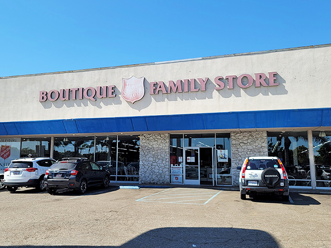 This Salvation Army storefront stands ready like a treasure chest waiting to spill its bargain-hunting secrets.