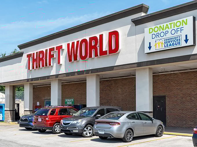 Look at that welcoming storefront! Thrift World's bright red letters promise treasures and bargains galore inside.