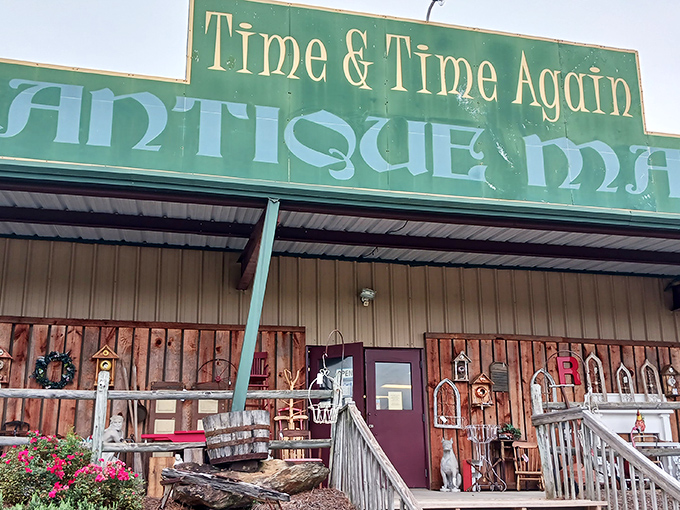 That green sign beckons like a treasure map - Time & Time Again promises adventures in every aisle.