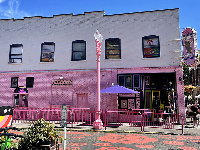 The iconic pink facade of Voodoo Doughnut beckons like a sugary siren call to downtown Portland's sweet-toothed wanderers.