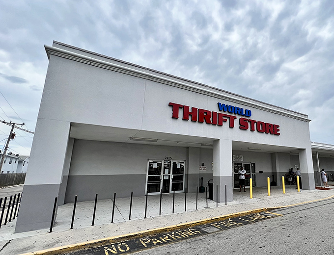 World Thrift's bold red and blue signage promises a treasure hunt of epic proportions. Like a department store where everything comes with a backstory!
