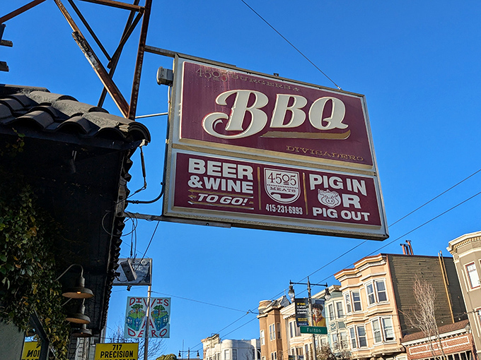 That vintage "Pig In or Pig Out" sign isn't just clever wordplay&mdash;it's a legitimate life decision you'll face at this San Francisco smoke temple.