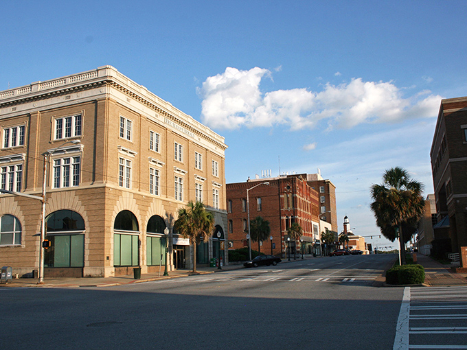 Albany's golden-hued architecture stands proudly against blue Georgia skies, a postcard from a more elegant era.