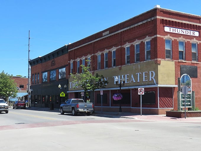 The Thunder Bay Theater stands proud on this brick-lined street, promising entertainment at a wonderfully unhurried pace.
