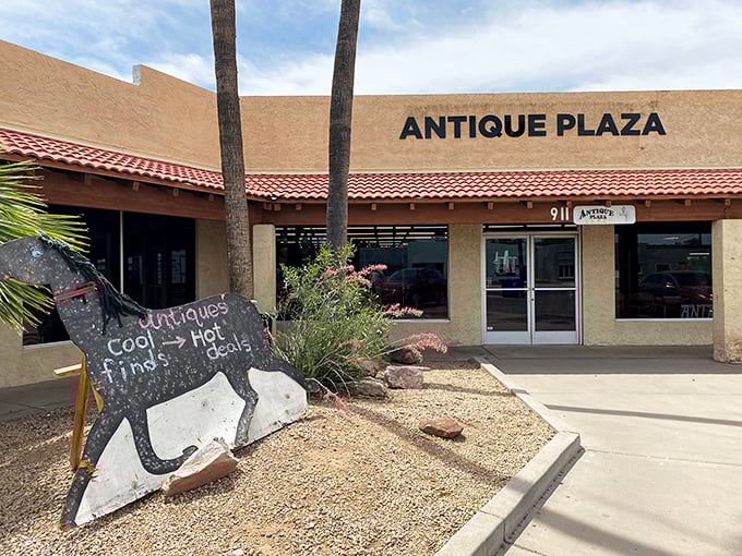 A metal horse stands guard, promising treasures that would make Indiana Jones jealous of your finds.