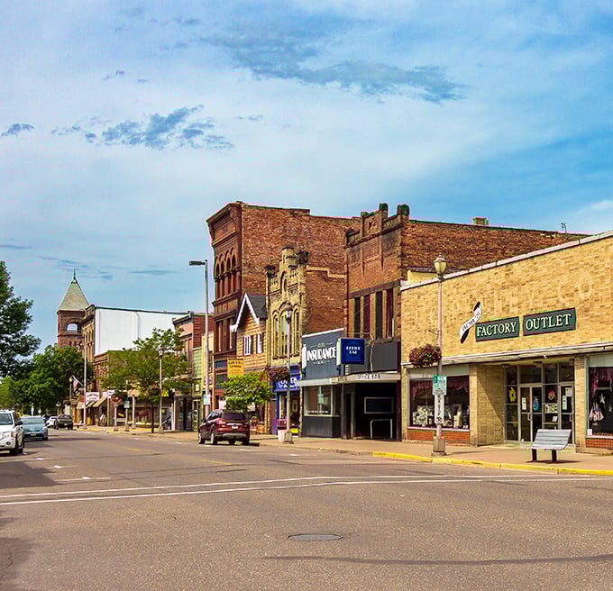 These charming brick storefronts have witnessed generations of Ashland life, standing proud against Wisconsin's big blue sky.