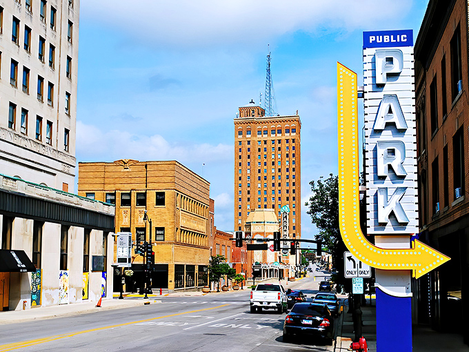 Downtown Aurora features the iconic "PUBLIC PARK" sign, pointing the way to community spaces that enhance the quality of life for residents.