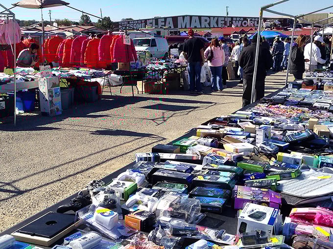 Rows of merchandise stretch toward the horizon at Awesome Flea Market. This isn't shopping&mdash;it's an archaeological expedition where everything's for sale!