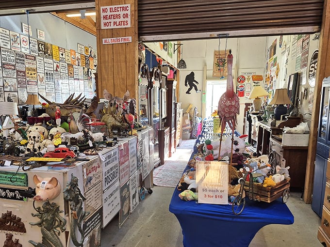 Step into organized chaos! This vendor's booth is a wonderland of collectibles where Bigfoot might be hiding among the treasures.