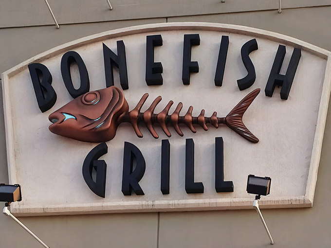 That copper fish skeleton sign promises what lies inside &ndash; seafood so good, you'll leave nothing but bones!