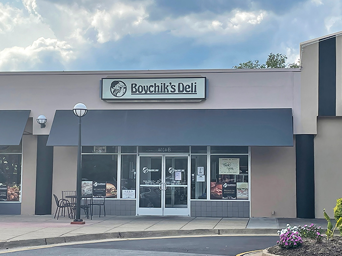 The clean lines and inviting entrance of Boychiks Deli &ndash; where sandwich dreams come true without a plane ticket to New York.