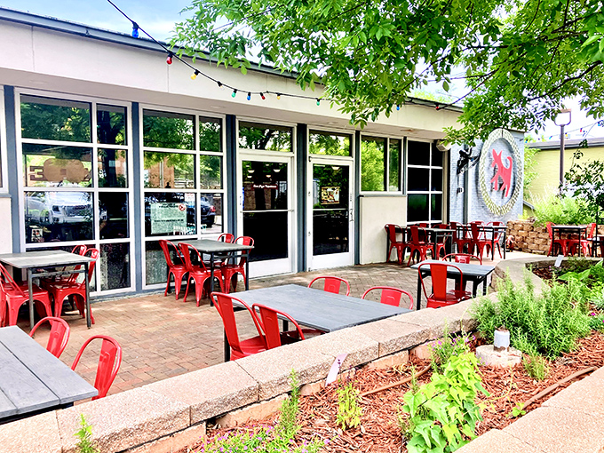 Red chairs and good vibes create the perfect backdrop for wood-fired pizza perfection.