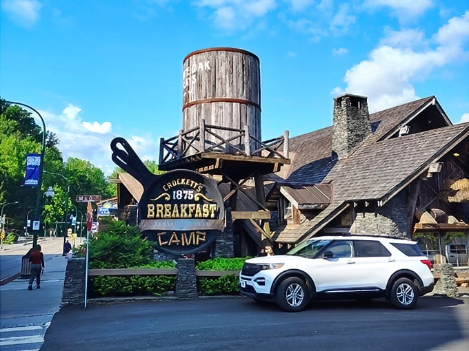 This rustic mountain lodge exterior promises the kind of breakfast that'll make you forget about your diet until tomorrow.