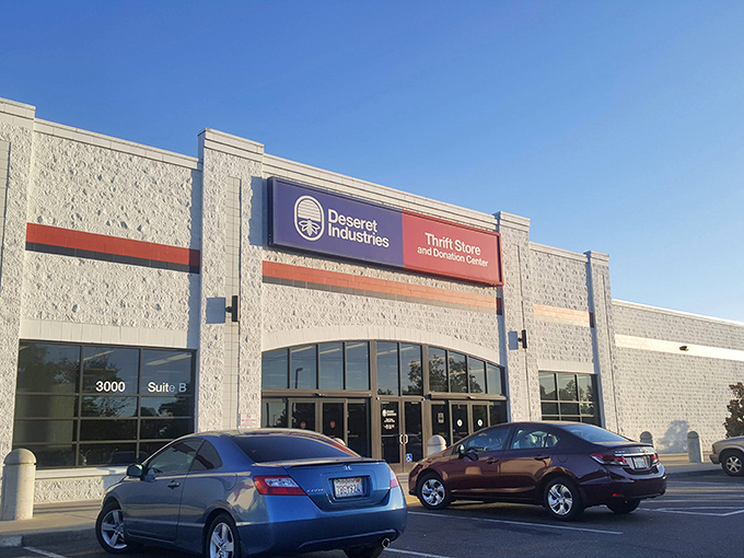 Two-tone elegance meets bargain hunting&mdash;this Desert Industries storefront promises adventures behind every automatic door.